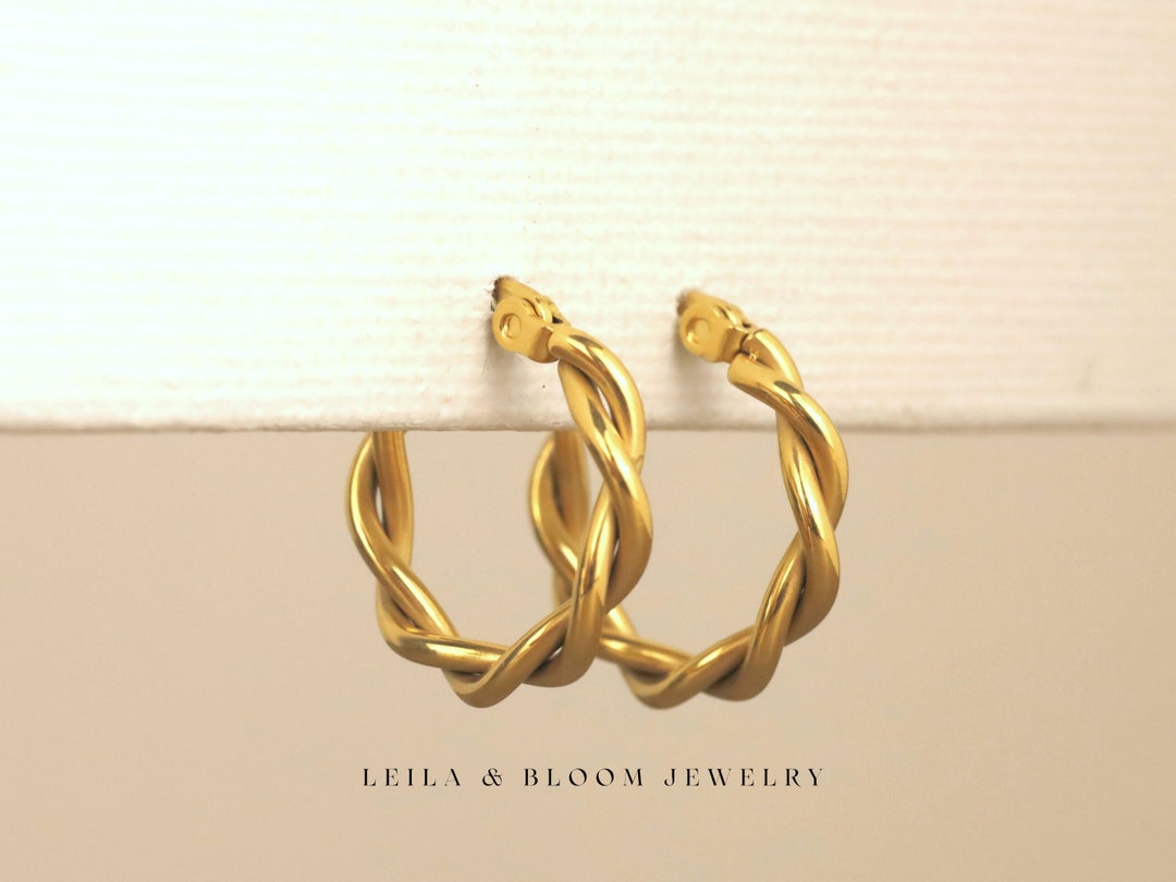 18K Gold Hoop Earrings Twist Design Hypoallergenic Nickel Free Titanium ...