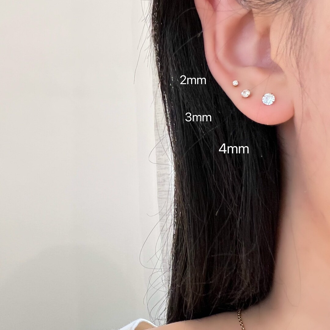 Small Stud Earrings • Double-sided Round Cz Diamond • Screw Back • 2mm ...