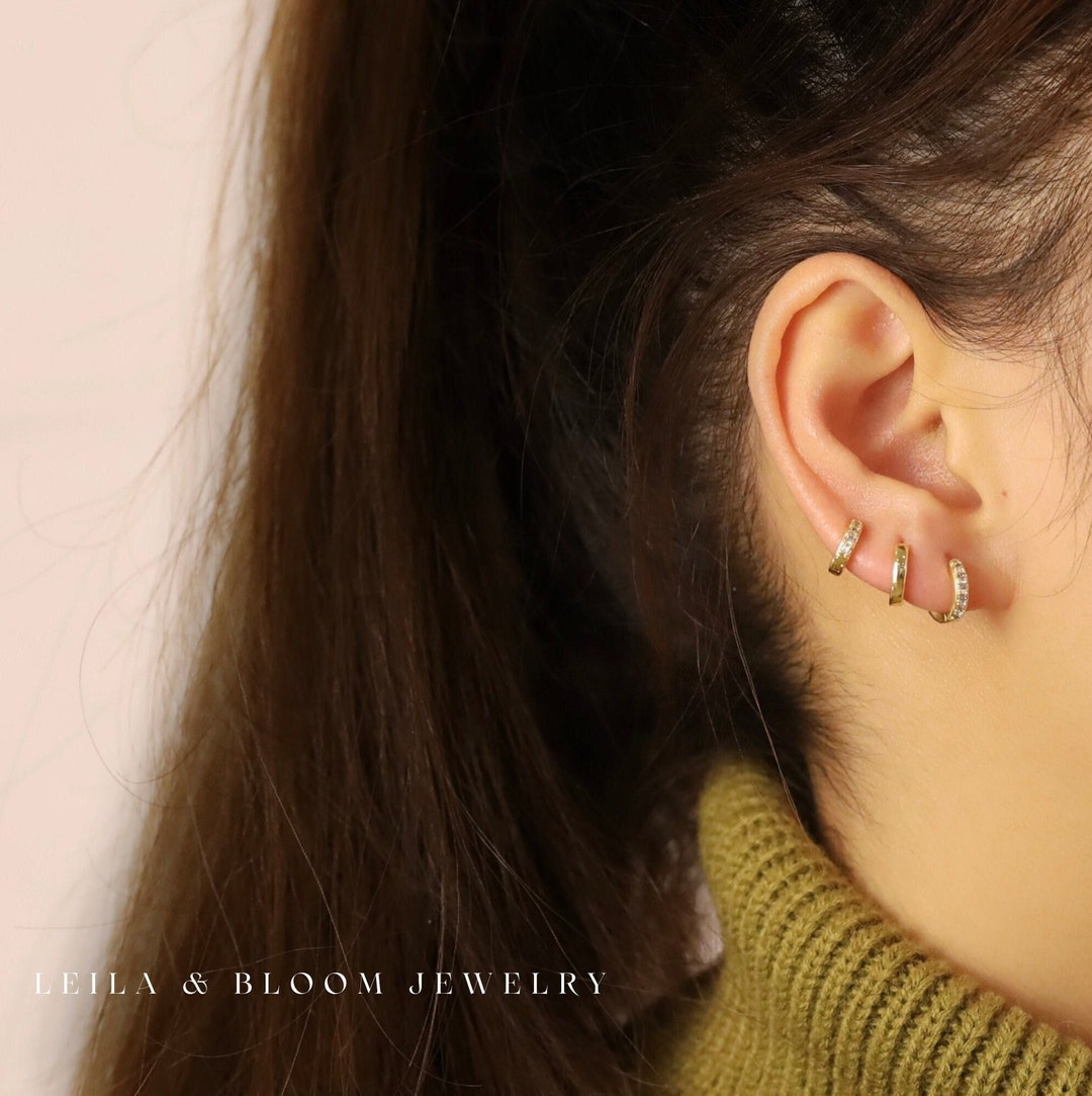 Gold Huggie Hoop Earrings • Pave • Simple Dainty Stacking • Conch ...