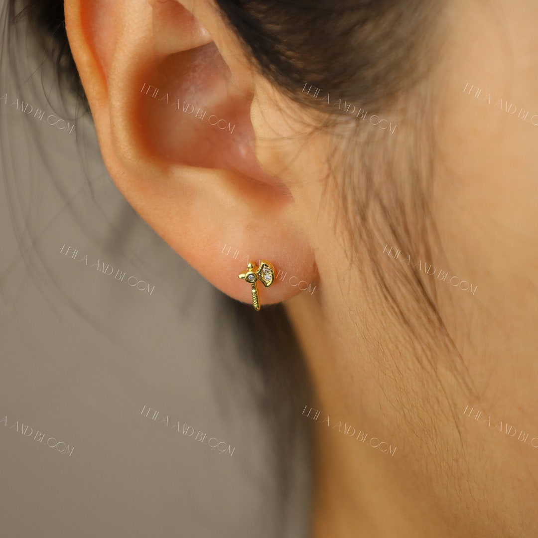 Screw Back Axe Stud Earrings • Dainty Minimalist Stacking Stud Earring ...