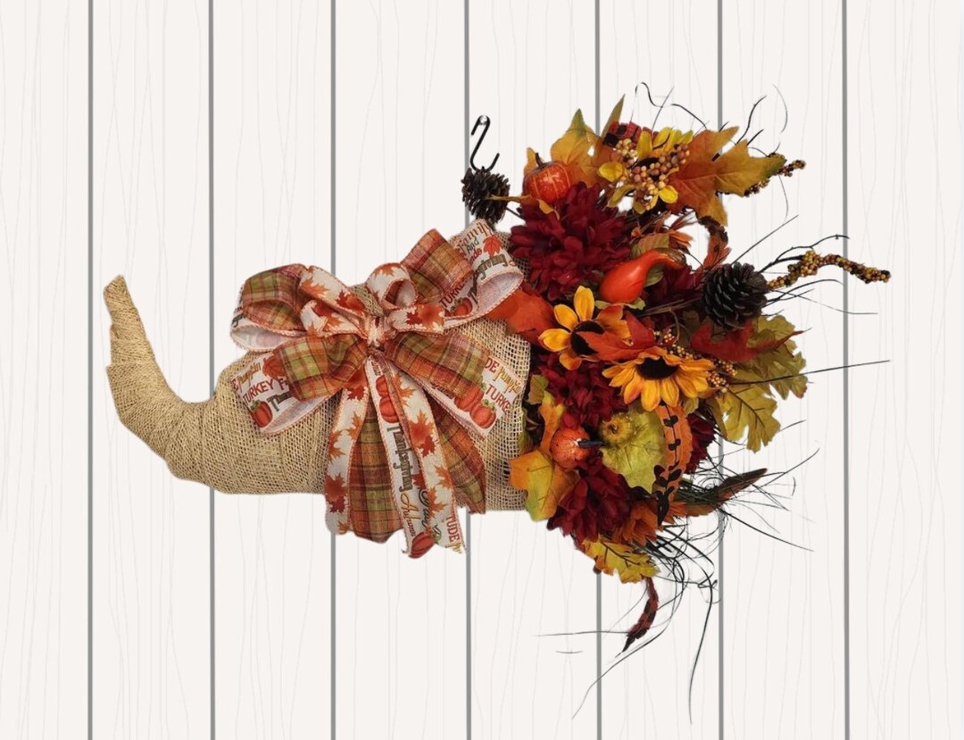 Handmade Cornucopia Fall Wreath Metal and Burlap Mesh Wreath With ...