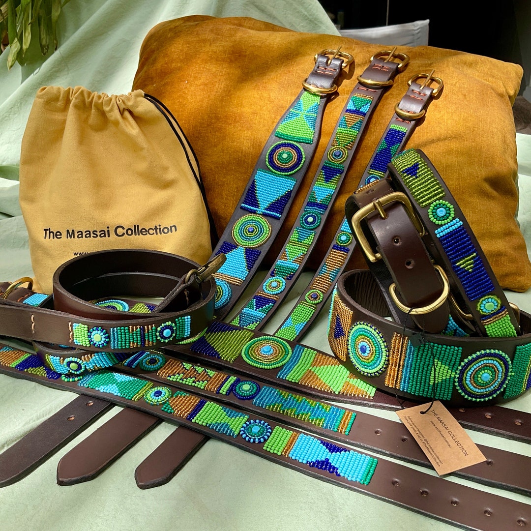 Blue Green Gold Bead Dog Collar on Quality Dark Brown Leather, Designer ...