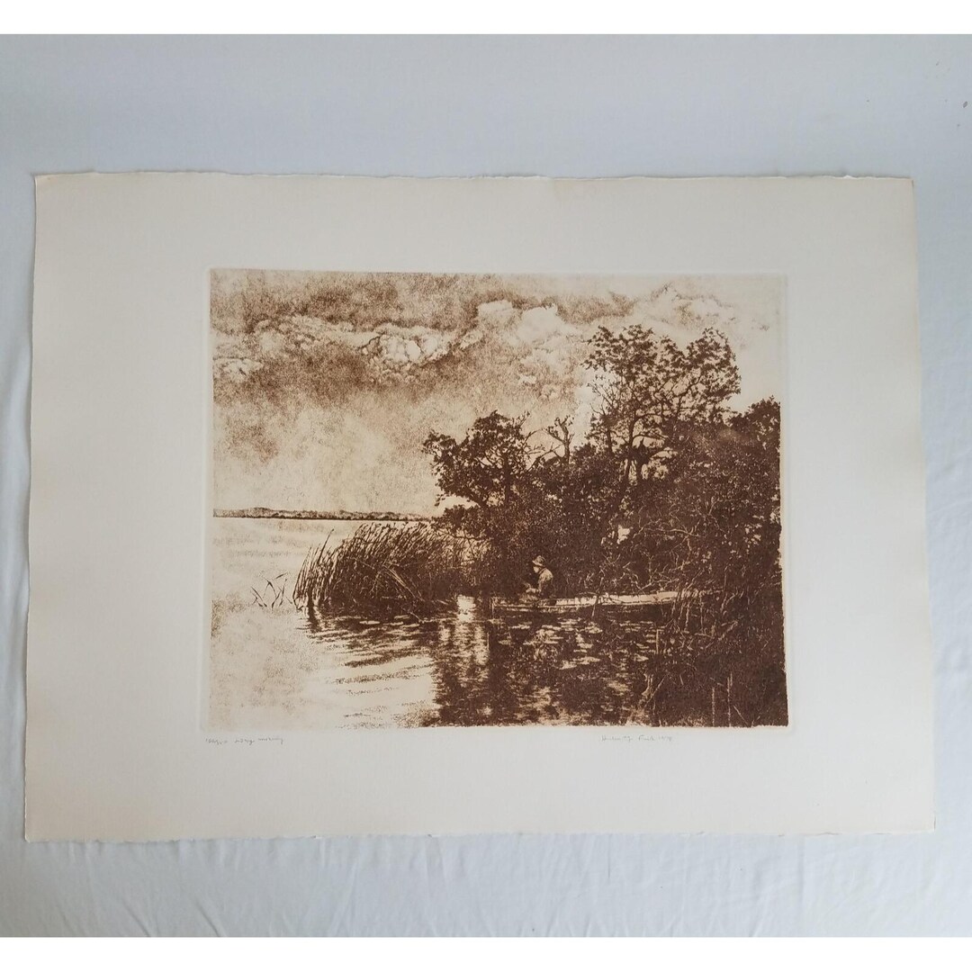 Herbert Fink SIGNED Lazy Morning Fishing Etching 1978 22"x30" 156/250 ...
