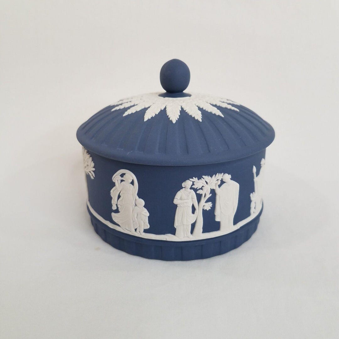Wedgwood Jasperware Portland Blue Round Trinket Box 4x4 Covered Jar ...