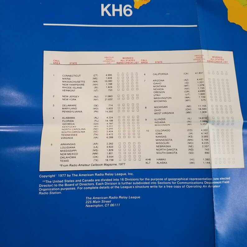 1977 Official ARRL US Call Area Map Ham Radio QSL Radio 23 X 37 Vintage ...