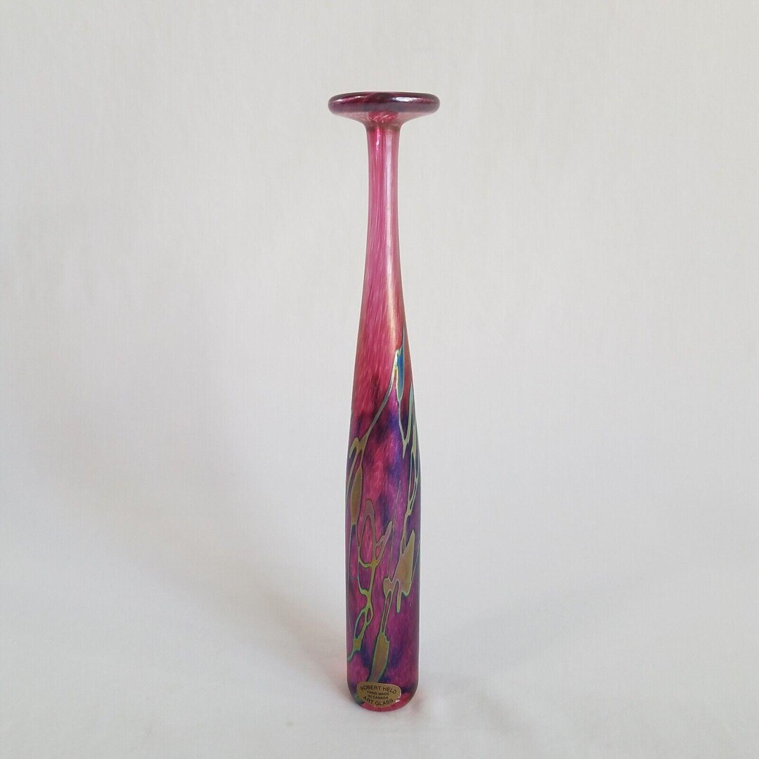 Robert Held Art Glass Skinny Vase SIGNED 9.25" Iridescent Pink Blue ...