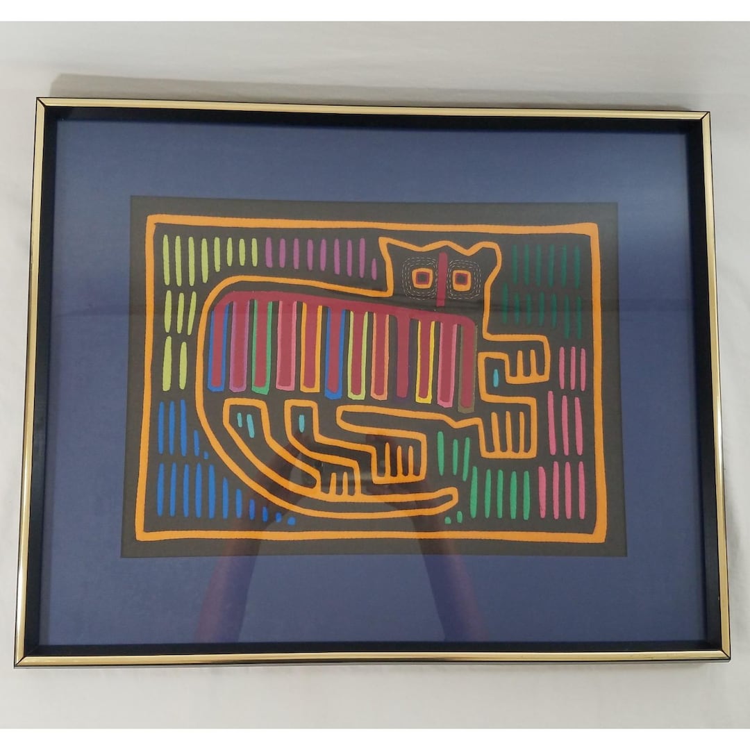 Vintage Mola Textile Art Cat Matted Framed 22X18 Kuna Panama Hand ...
