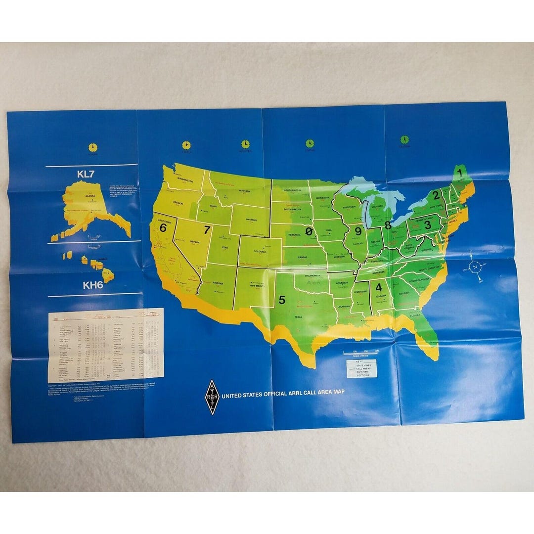 1977 Official ARRL US Call Area Map Ham Radio QSL Radio 23 X 37 Vintage ...