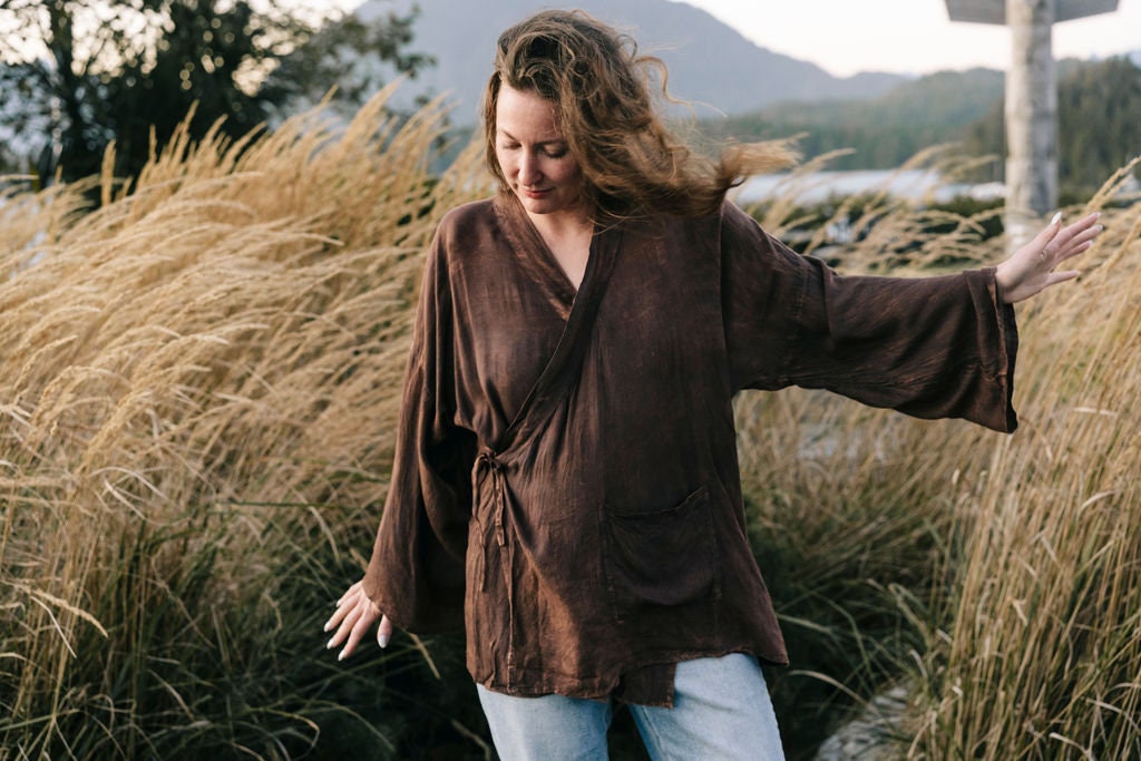 Ethnic Bohemian Clothing, Boho Brown Short Kimono, Cut Out Long Sleeve ...