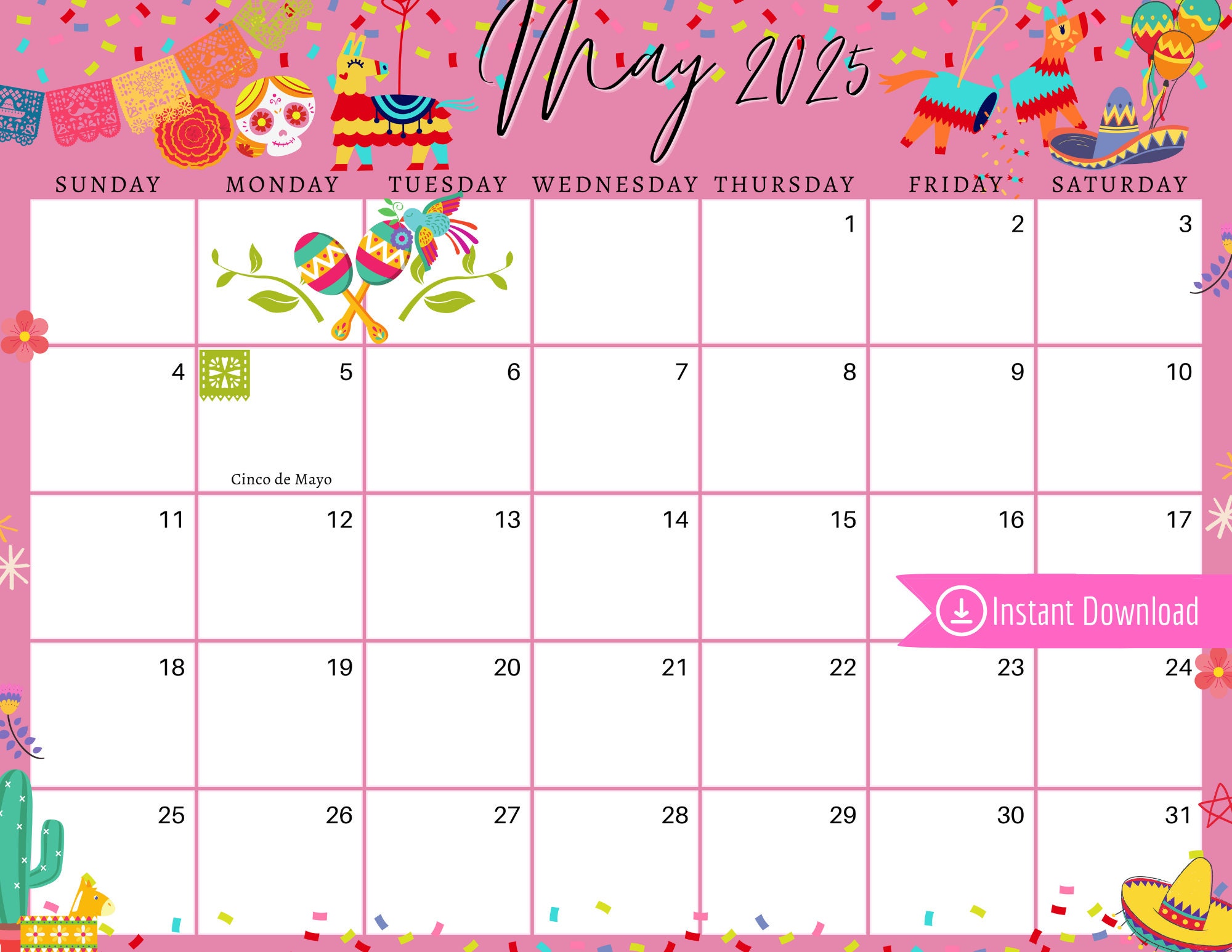 May 2025 Digital Calendar - Purple Cinco De Mayo Fiesta Planner ...