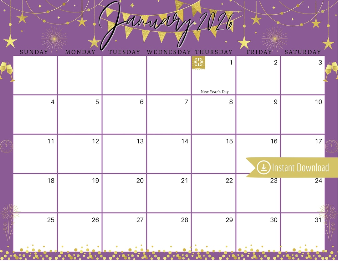 January 2026 Digital Calendar: Purple New Year Planner (PDF, PNG, JPG ...