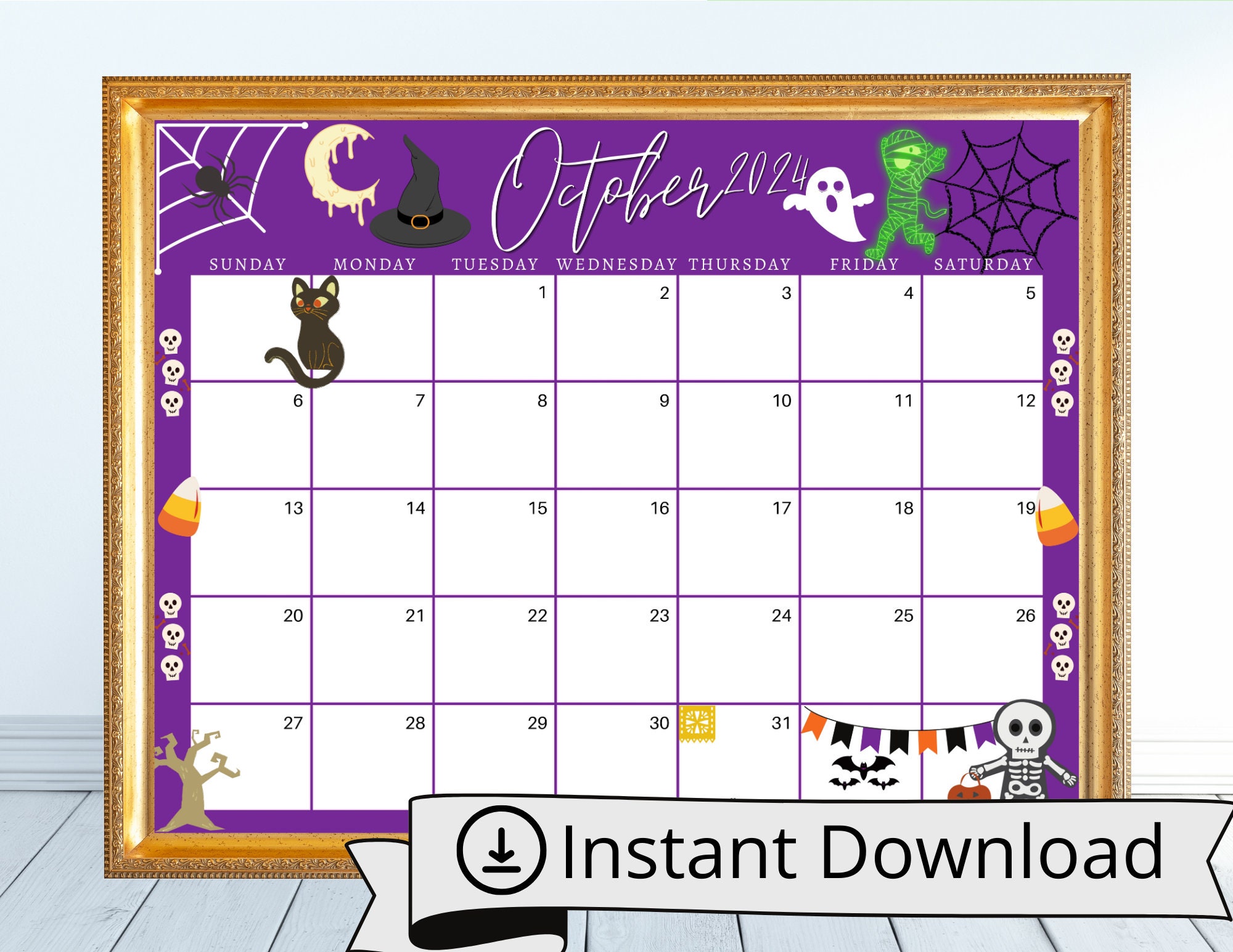 October 2024 Digital Calendar Purple Halloween Planner Editable ...