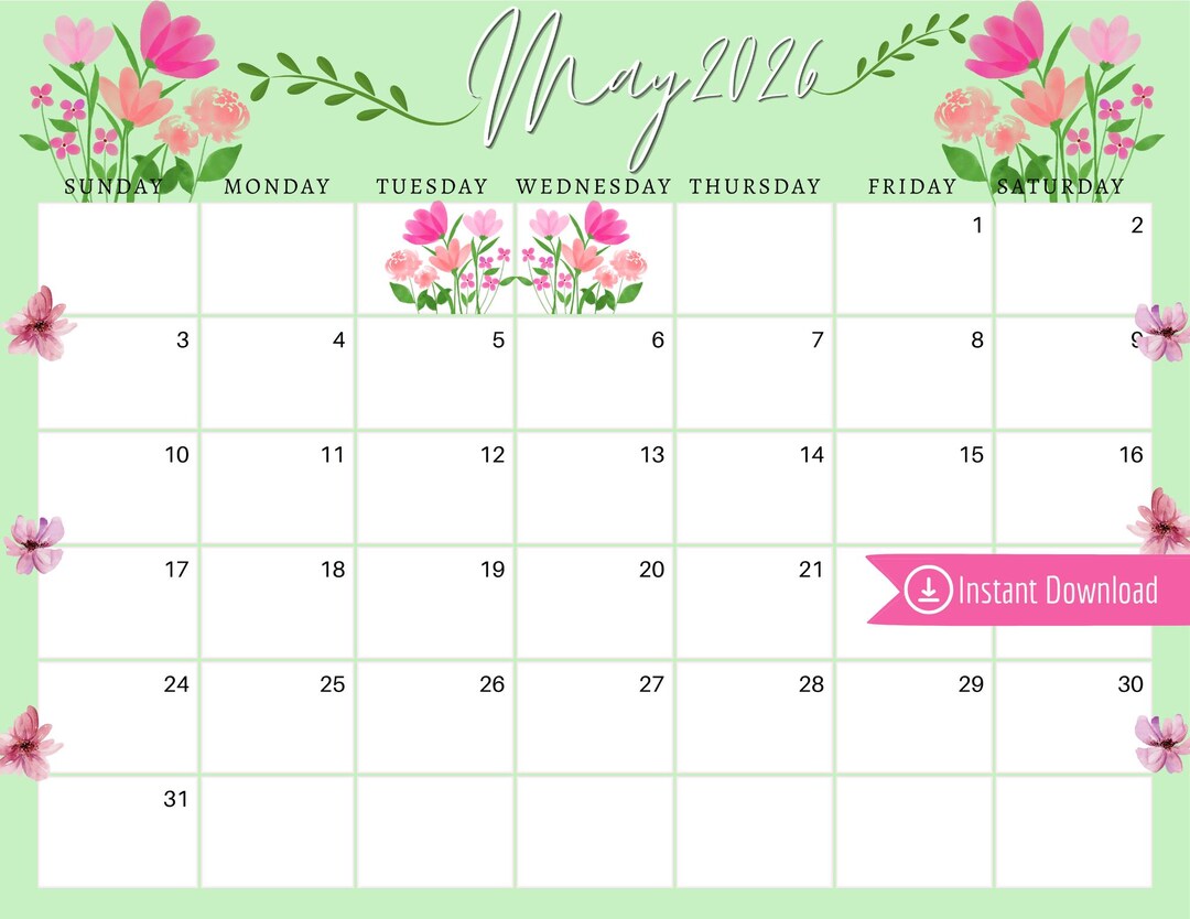May 2026 Floral Calendar: Green & Pink Flowers, Printable Planner (PDF ...