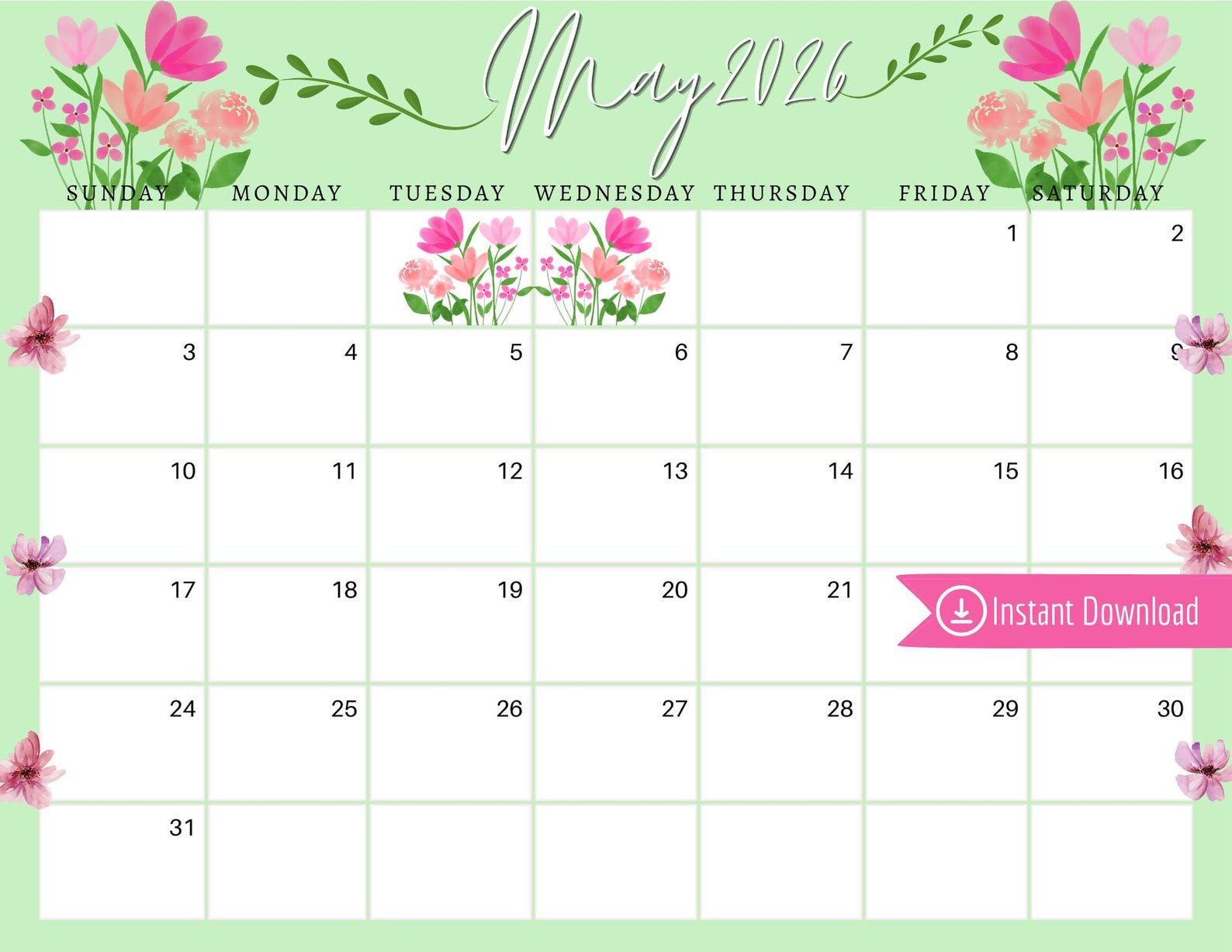 May 2026 Floral Calendar: Green & Pink Flowers, Printable Planner (PDF ...