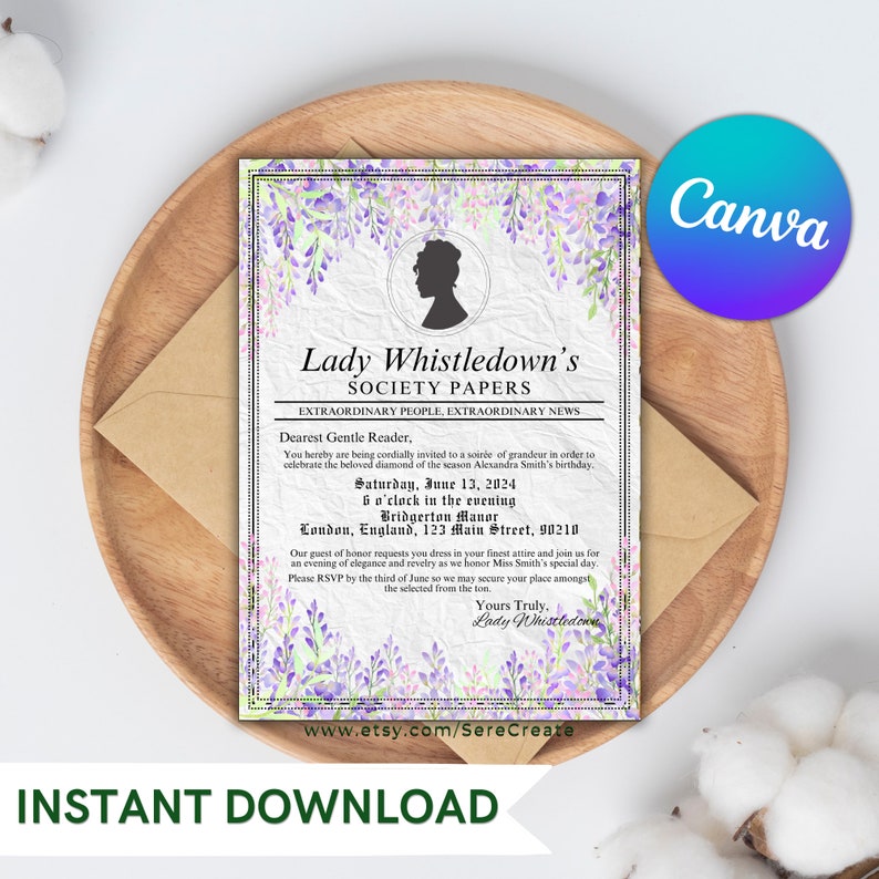 Bridgerton Lady Whistledown Society Papers Purple Invitation - Instant ...