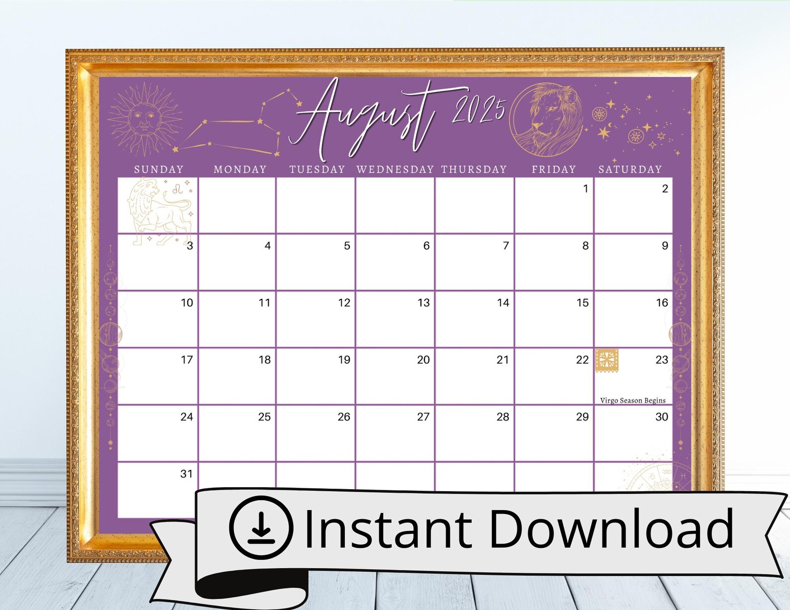 August 2025 Digital Calendar - Purple Leo Astrology Planner Editable ...