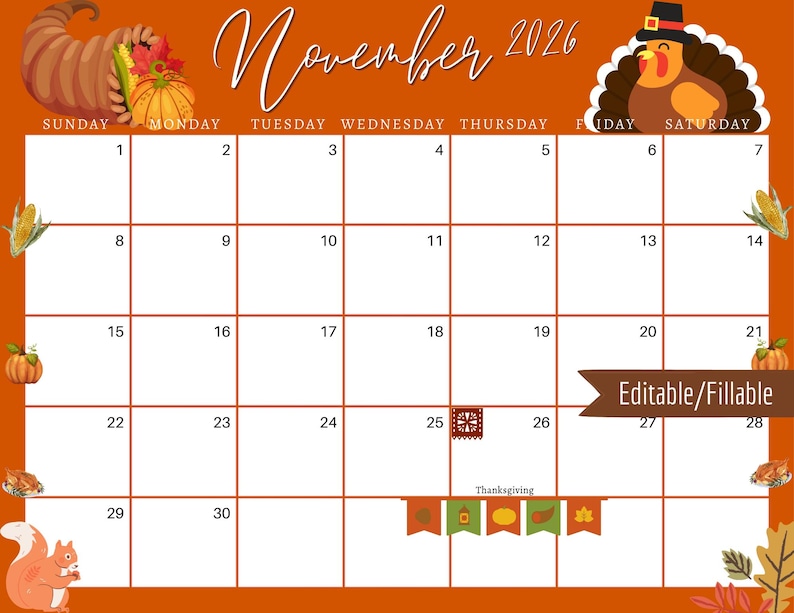 November 2026 Thanksgiving Planner: Editable Printable Calendar (PDF ...