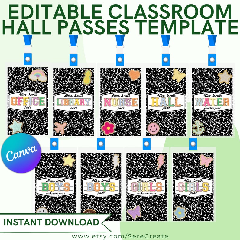 9 Composition Book Classroom Hall Passes Lanyard Template Diy Personalized Teacher Classroom
