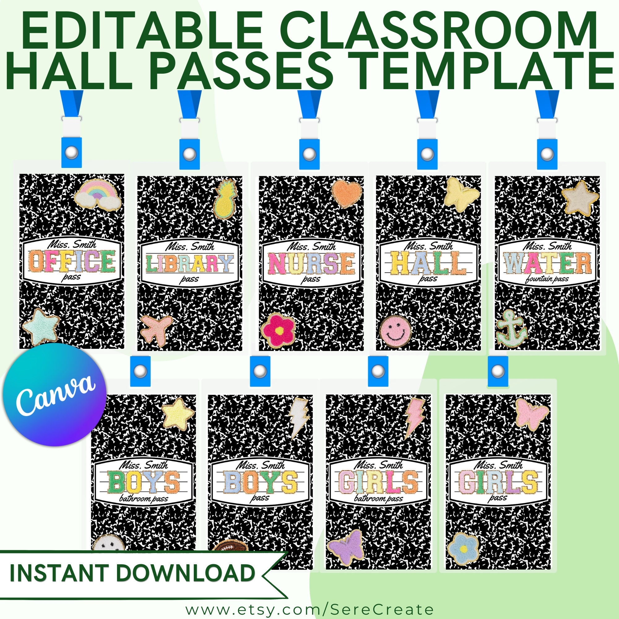 Classroom Hall Passes Lanyard Template: DIY Teacher Resource (canva ...