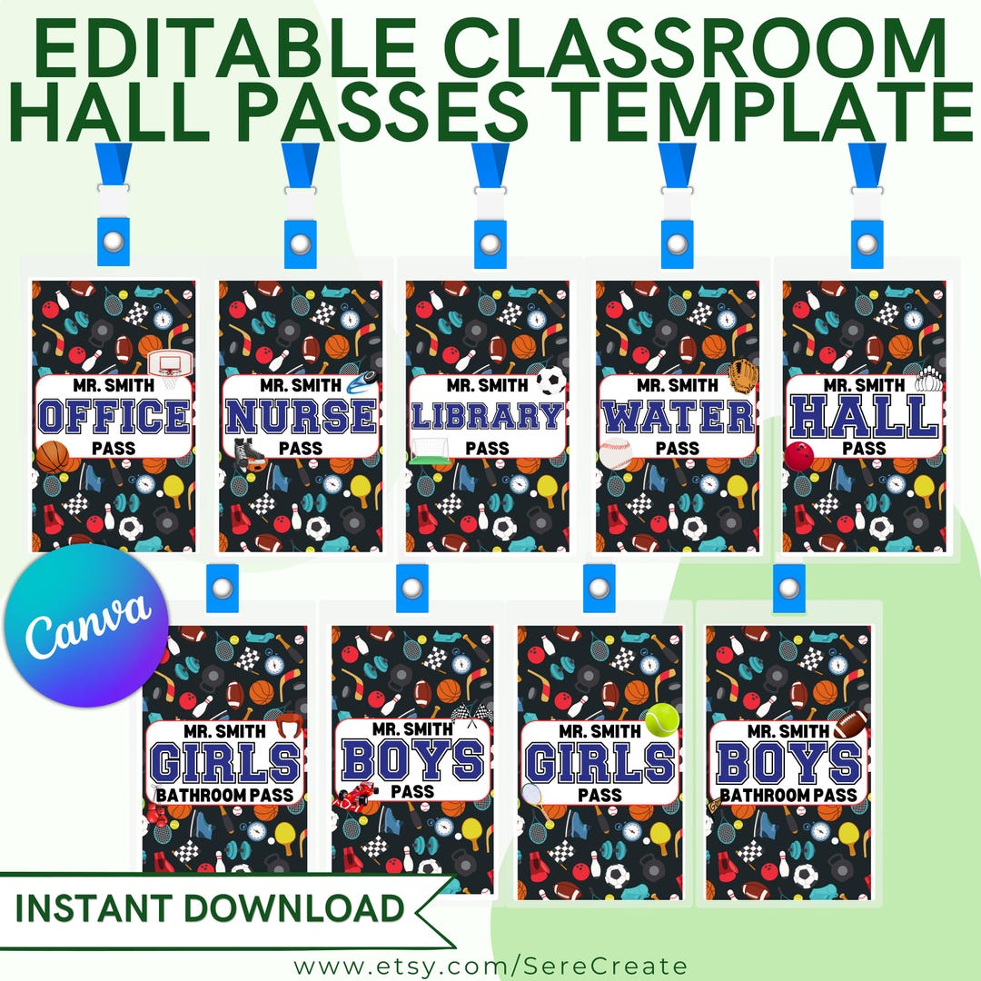 Sports Theme Hall Passes: Editable Classroom Lanyard Template (canva ...