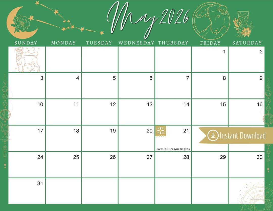 May 2025 Taurus Astro Calendar: Green and Gold Printable Planner (PDF ...