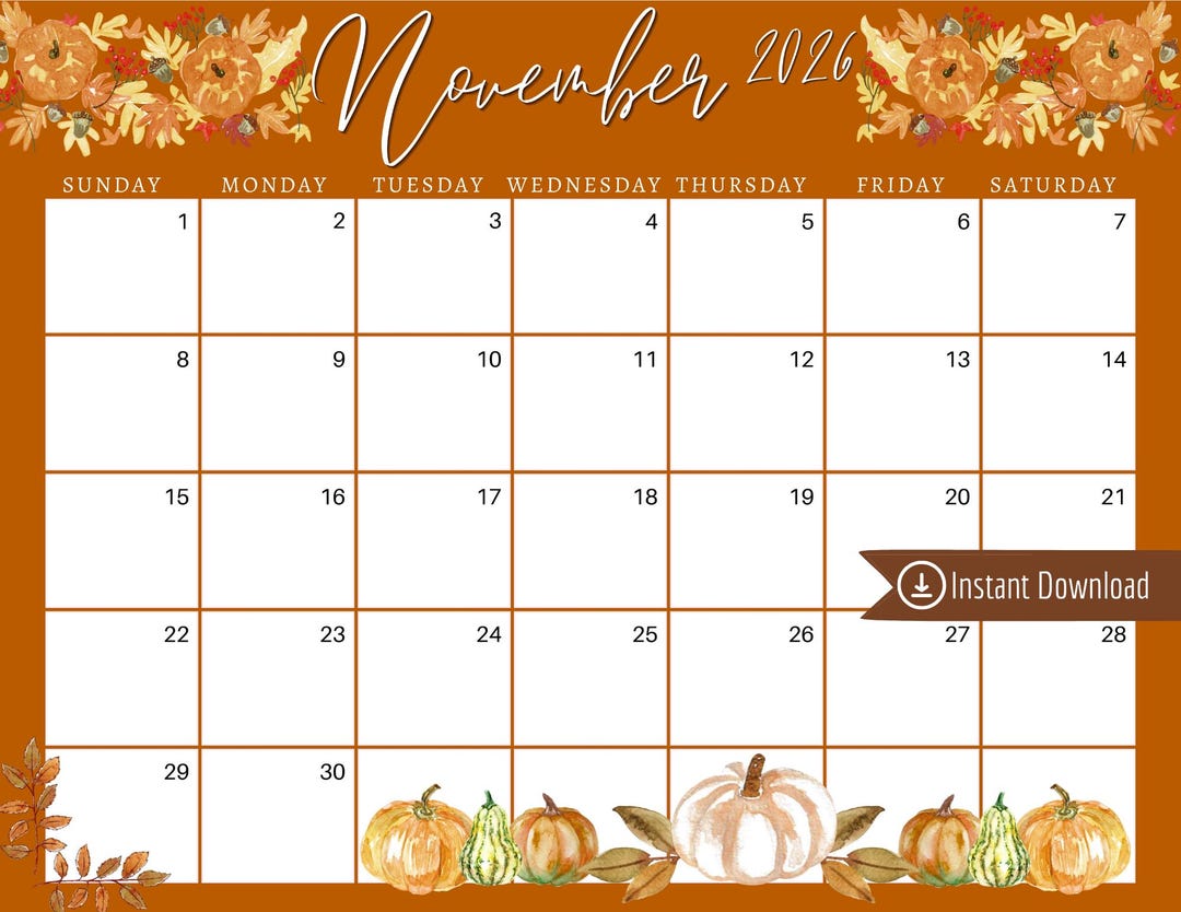 November 2026 Calendar: Orange Fallen Leaves Planner (PDF, PNG, JPG ...