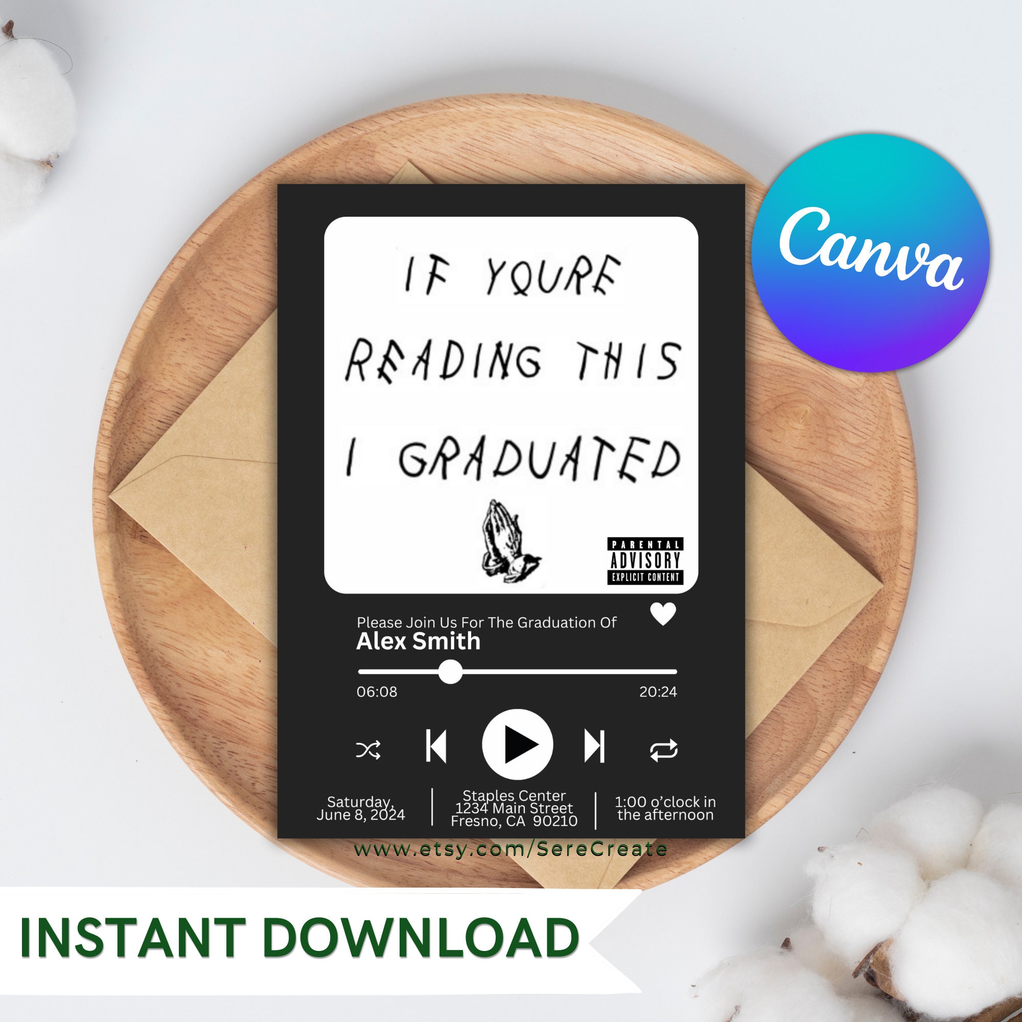SPOTIFY DRAKE Graduation Invitation - Instant, Editable, Download Canva ...