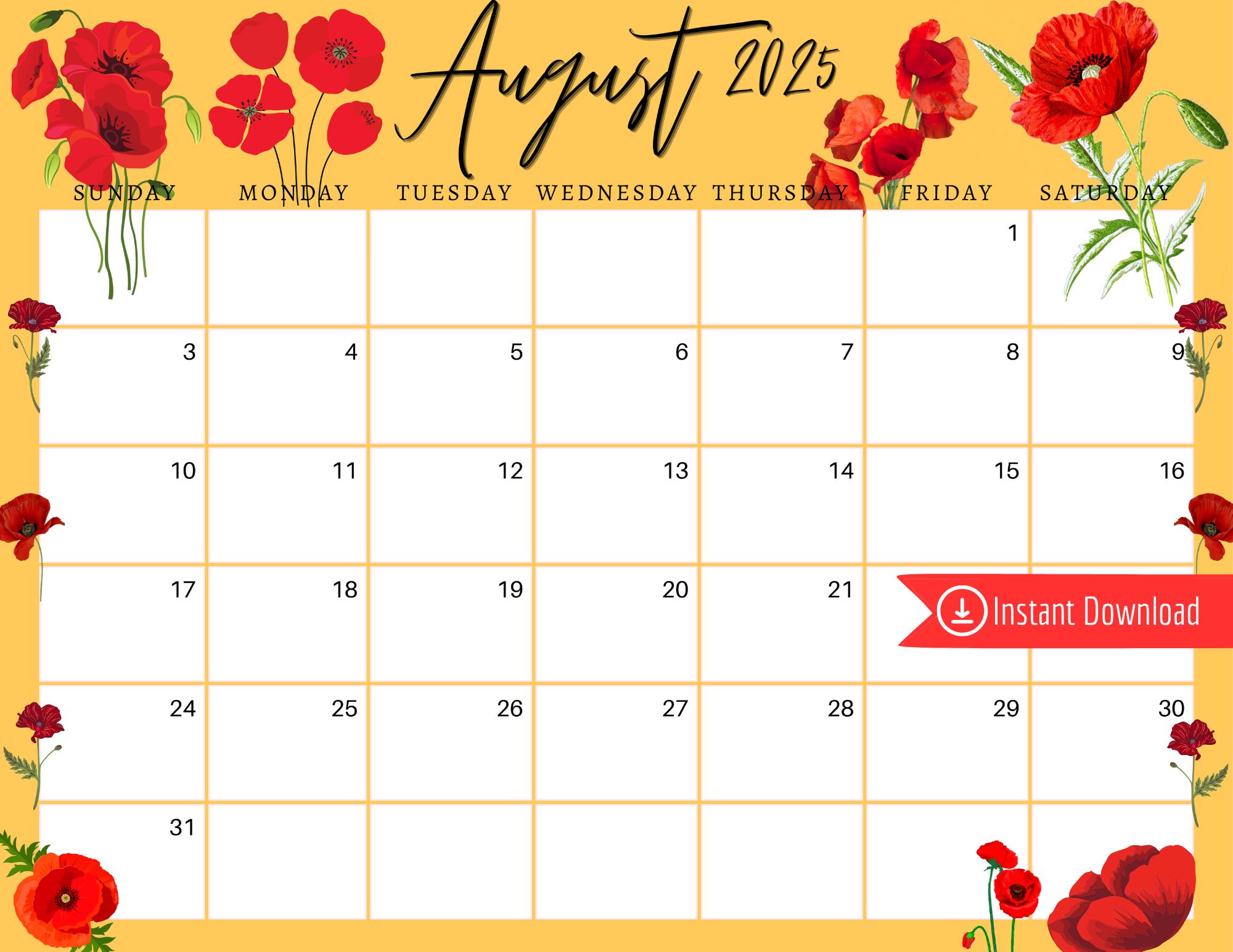 Calendario Stampabile Agosto 2024 August 2024 Calendar Editable