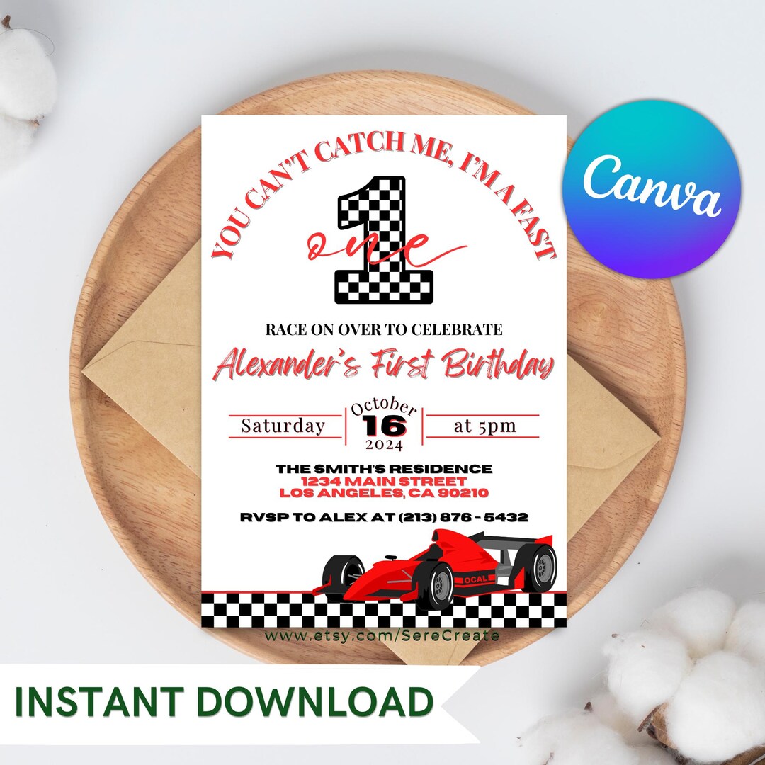 First Birthday Fast Racing Car Open Wheel Racing Party Invitation ...