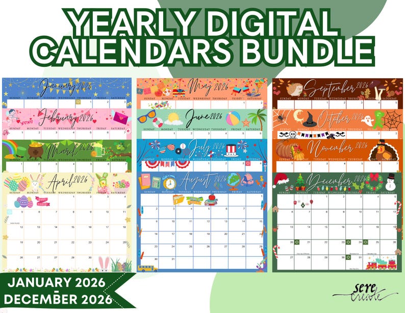 2026 Digital Calendar Bundle: Monthly Planner (PDF, PNG, JPG Download ...