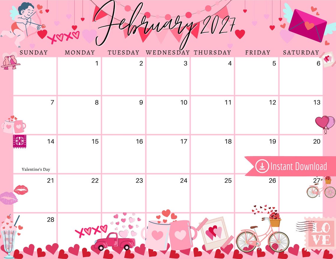 February 2027 Digital Calendar: Pink Valentine's Planner (PDF, PNG, JPG ...