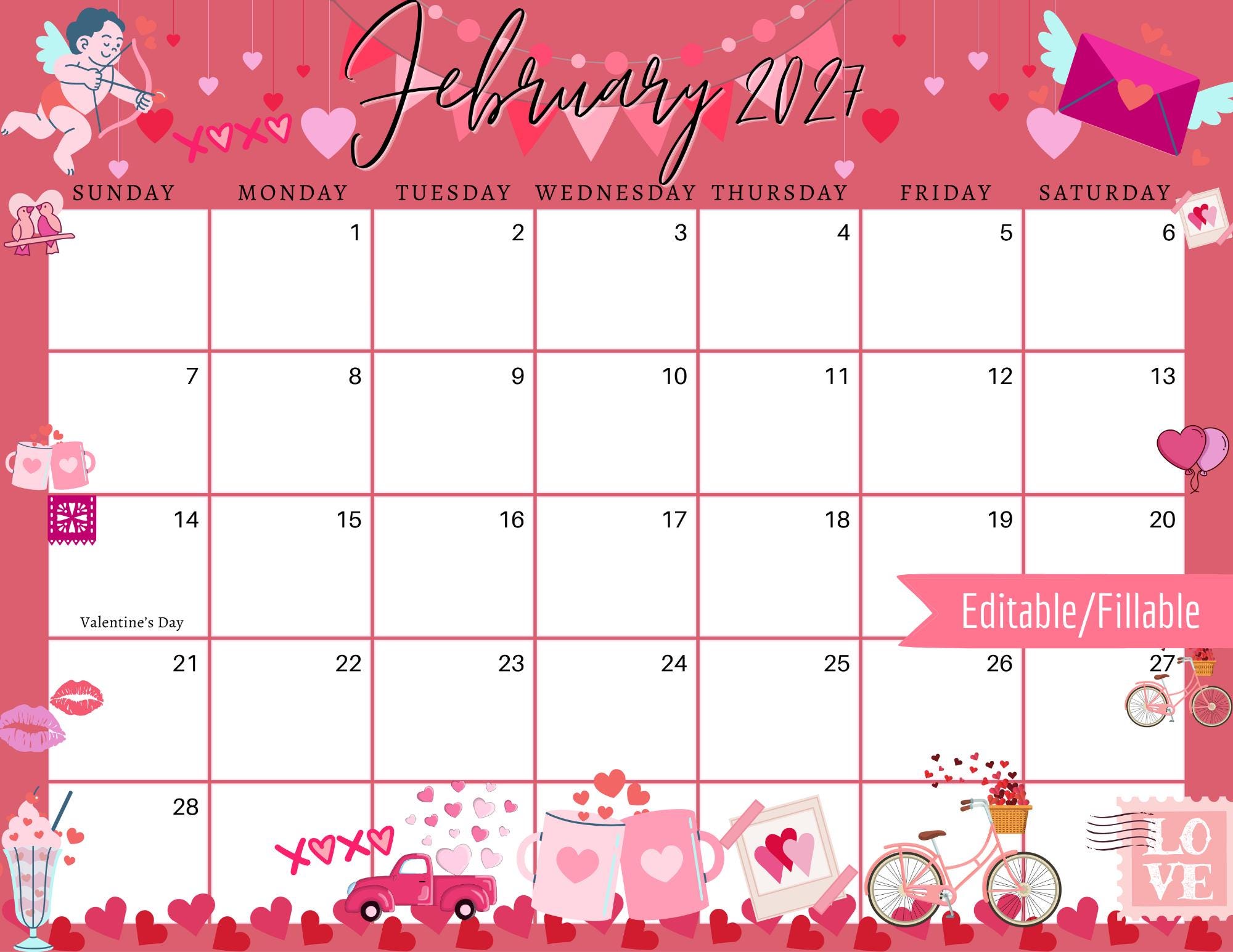 February 2027 Valentine's Day Calendar: Editable Printable (PDF, PNG ...