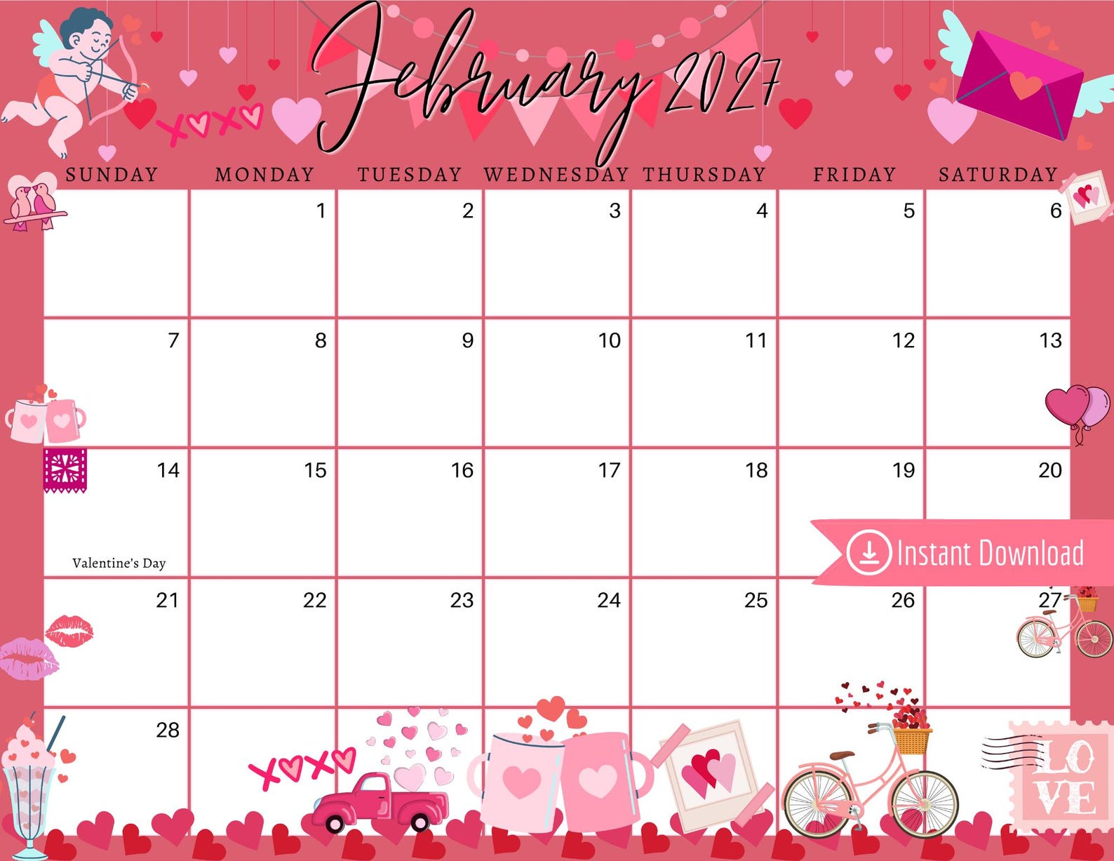February 2027 Valentine's Day Calendar: Editable Printable (PDF, PNG ...