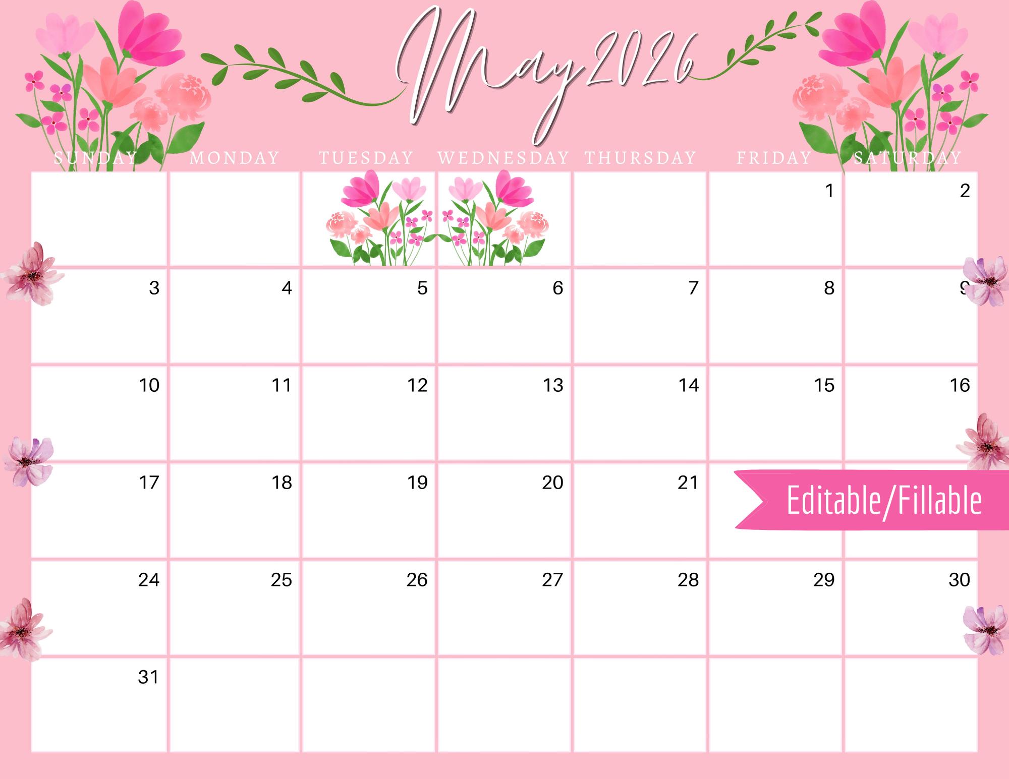 May 2026 Digital Calendar: Pink Floral Planner (PDF, PNG, JPG Download ...