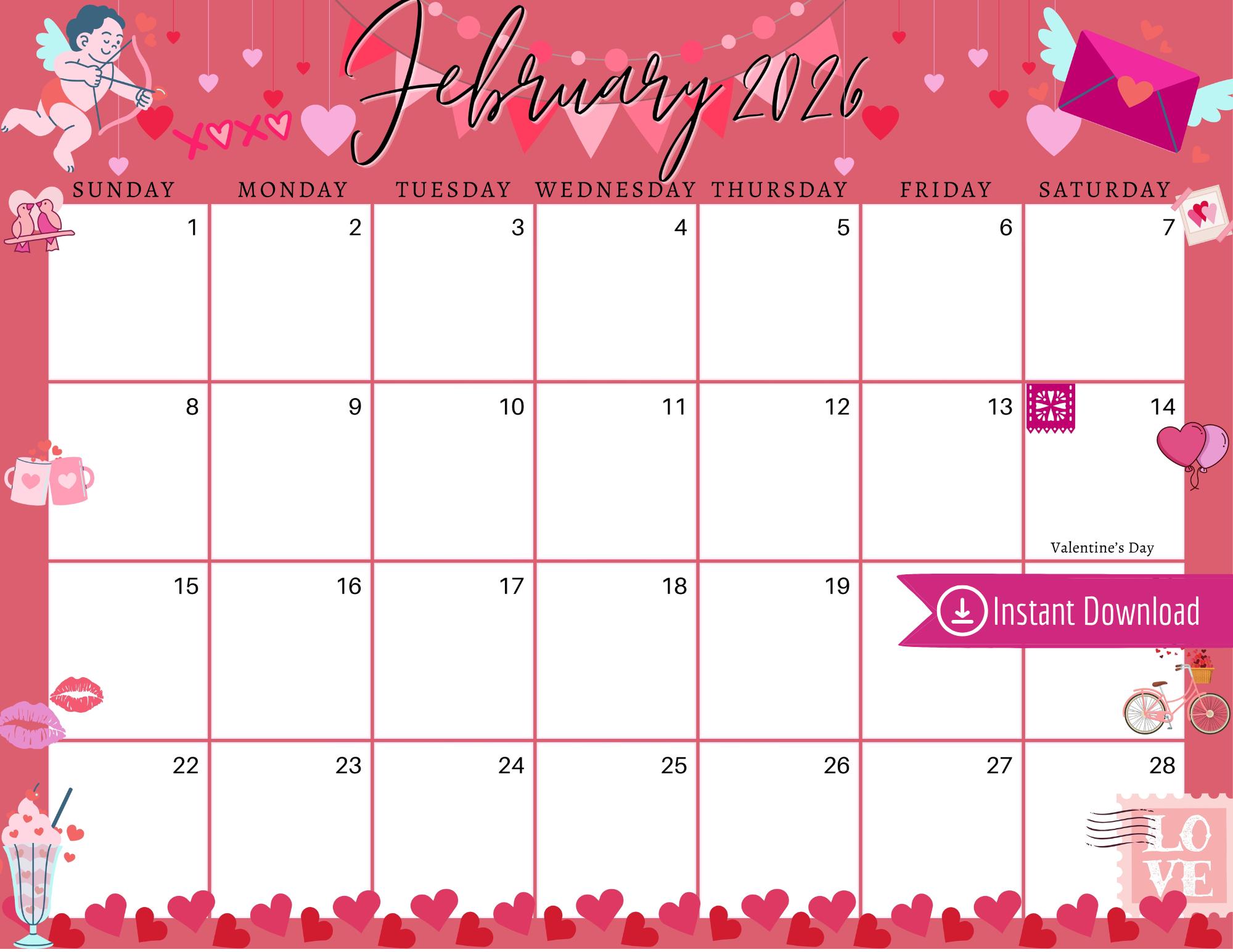 February 2026 Valentine's Day Calendar: Editable Printable (PDF, PNG ...