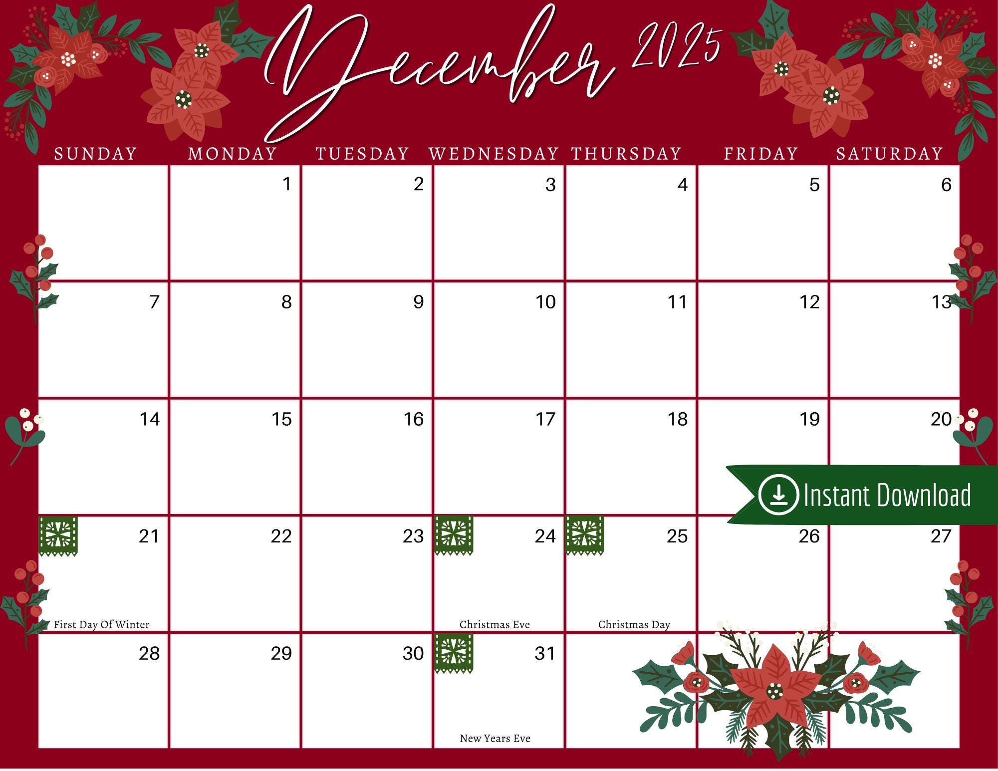December 2025 Digital Calendar - Red Winter Poinsettias Planner ...