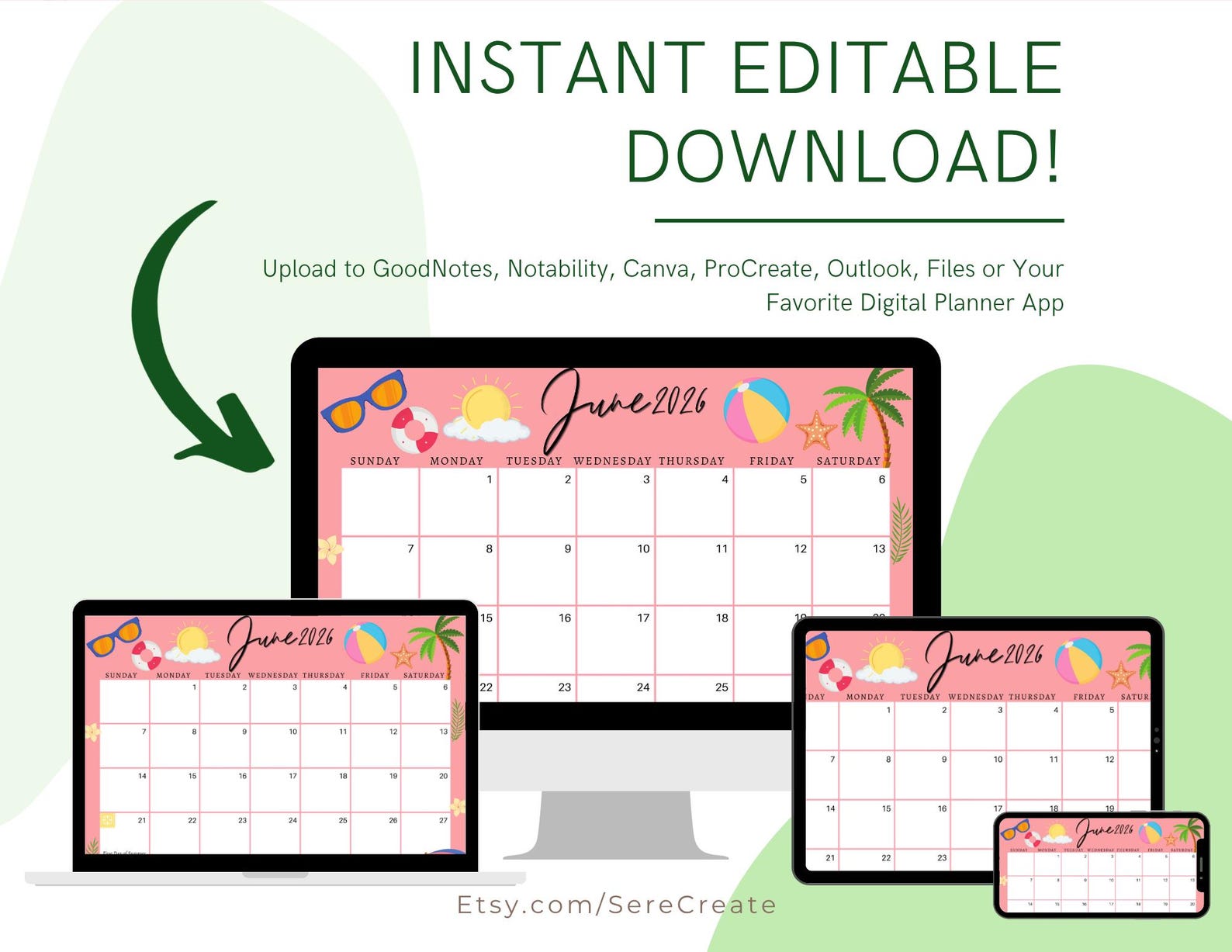 June 2026 Digital Calendar: Pink Summer Planner (PDF, PNG, JPG ...