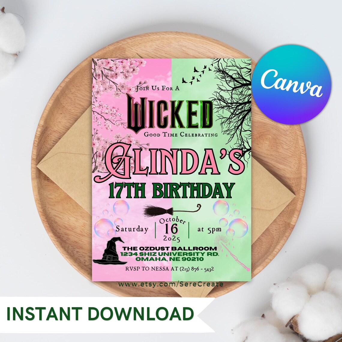 Wicked Bubbles Glinda & Elphaba Movie Pink/green Invitation - Instant ...