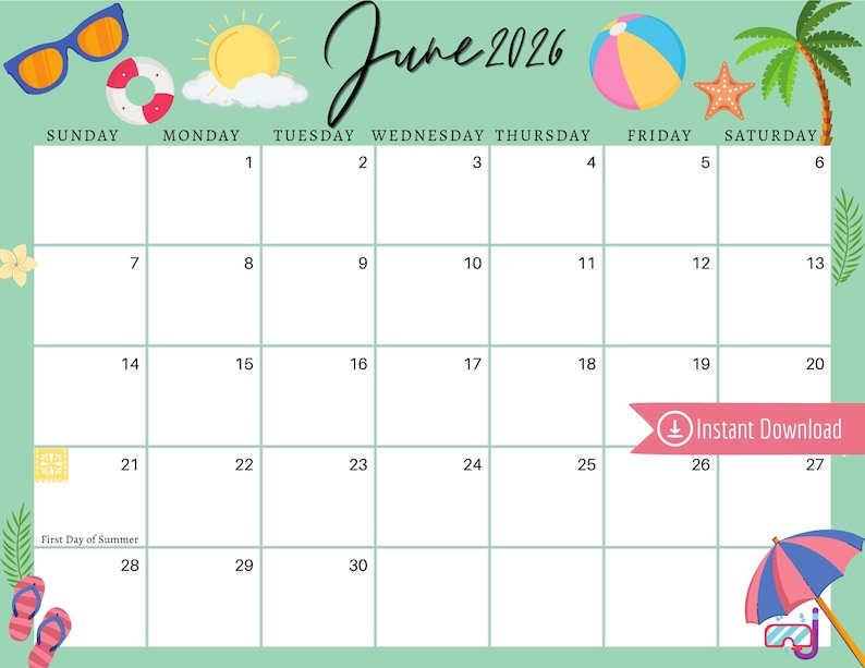 June 2026 Mint Green Calendar: Fillable, Printable Planner (PDF, PNG ...