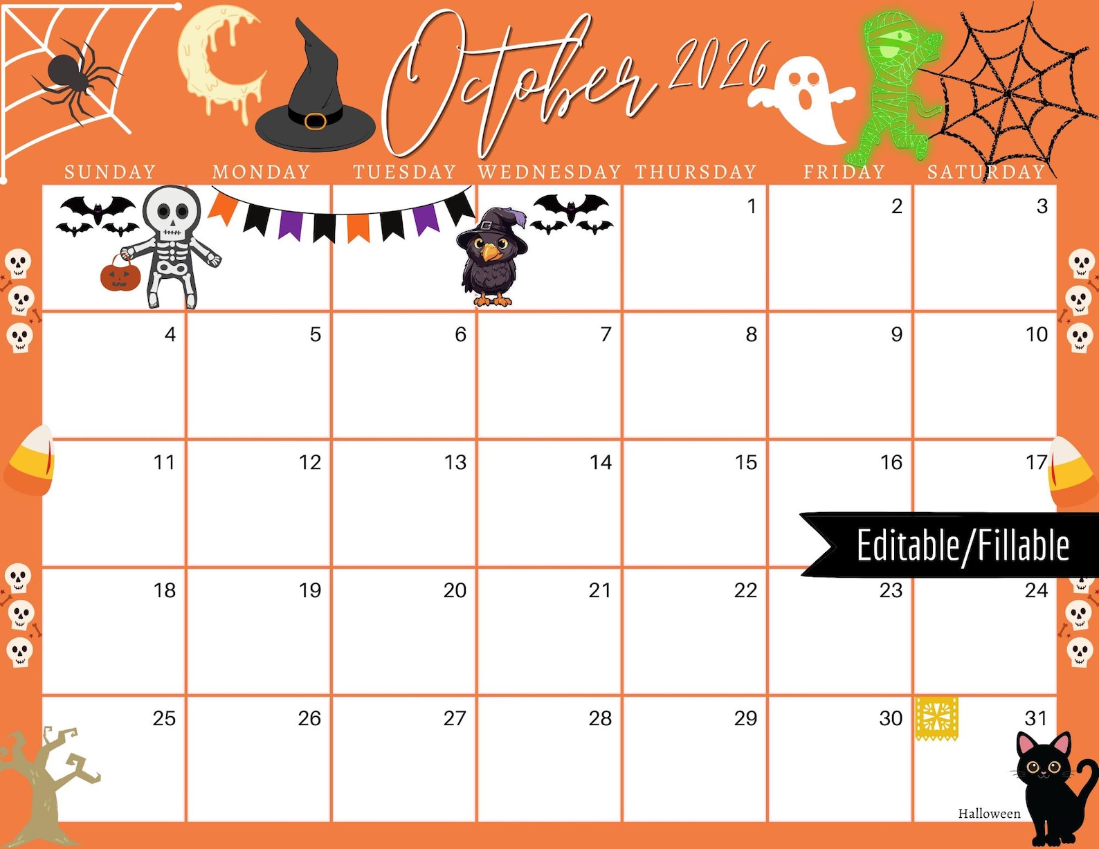October 2026 Halloween Calendar: Editable Printable Planner (PDF, PNG ...
