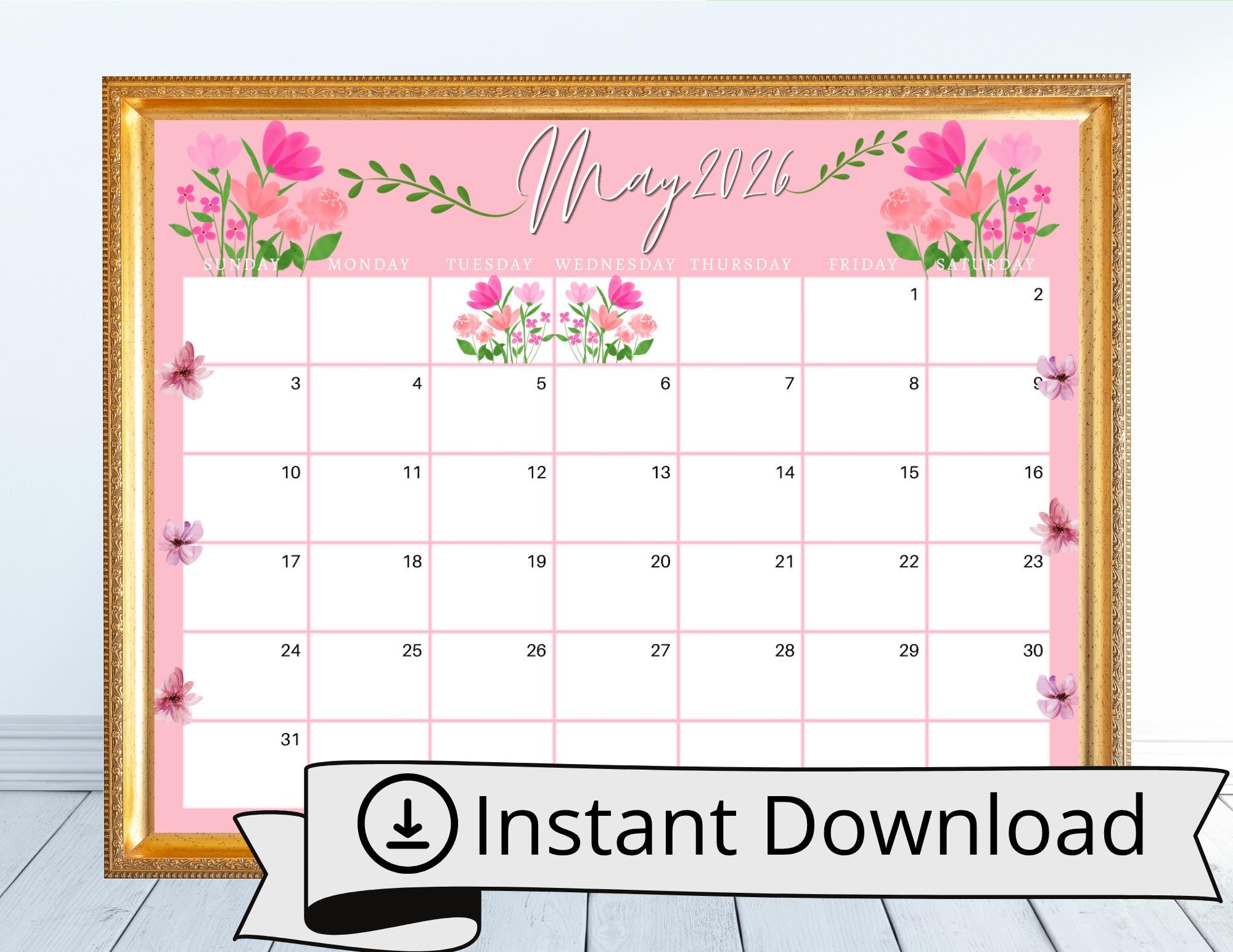 May 2026 Digital Calendar: Pink Floral Planner (PDF, PNG, JPG Download ...