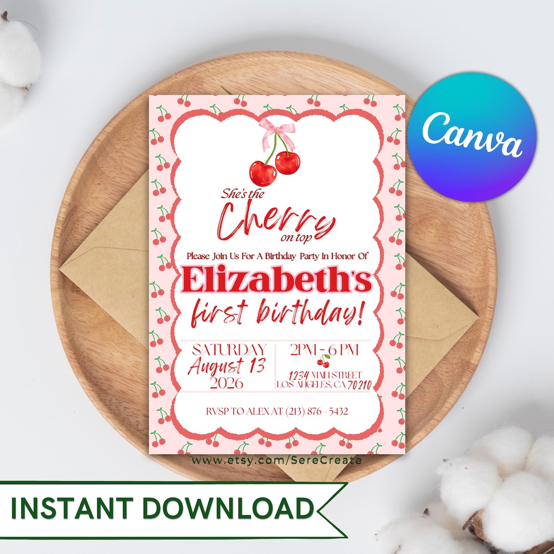 Cherry Birthday Party Invitation: Editable Canva Template (digital ...