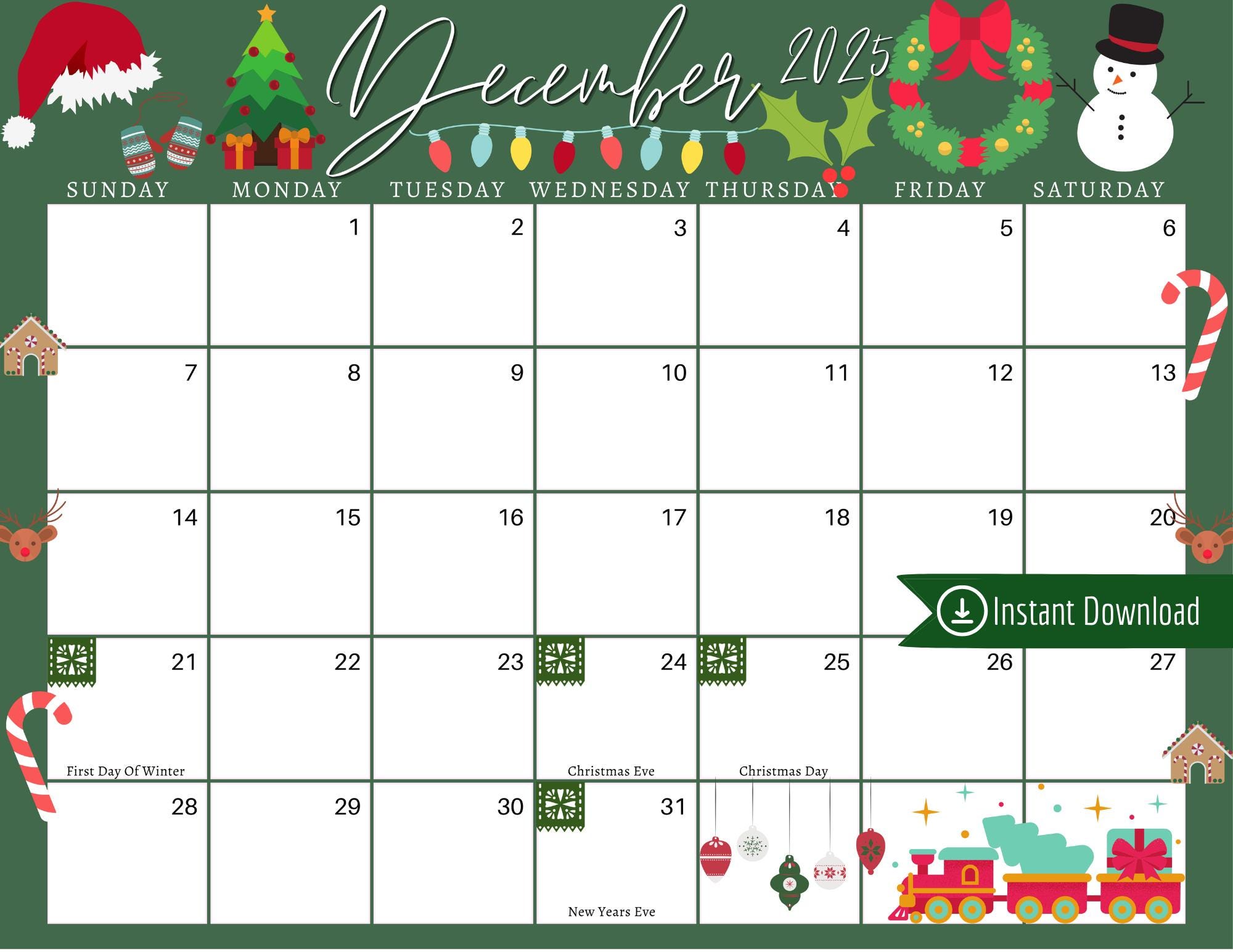 December 2025 Christmas Calendar: Green Holiday Planner (PDF, PNG, JPG ...