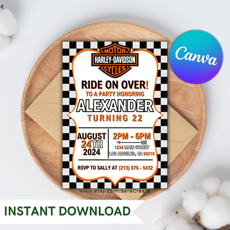 Harley Davidson Motorcycle Club Party Invitation Instant, Editable ...