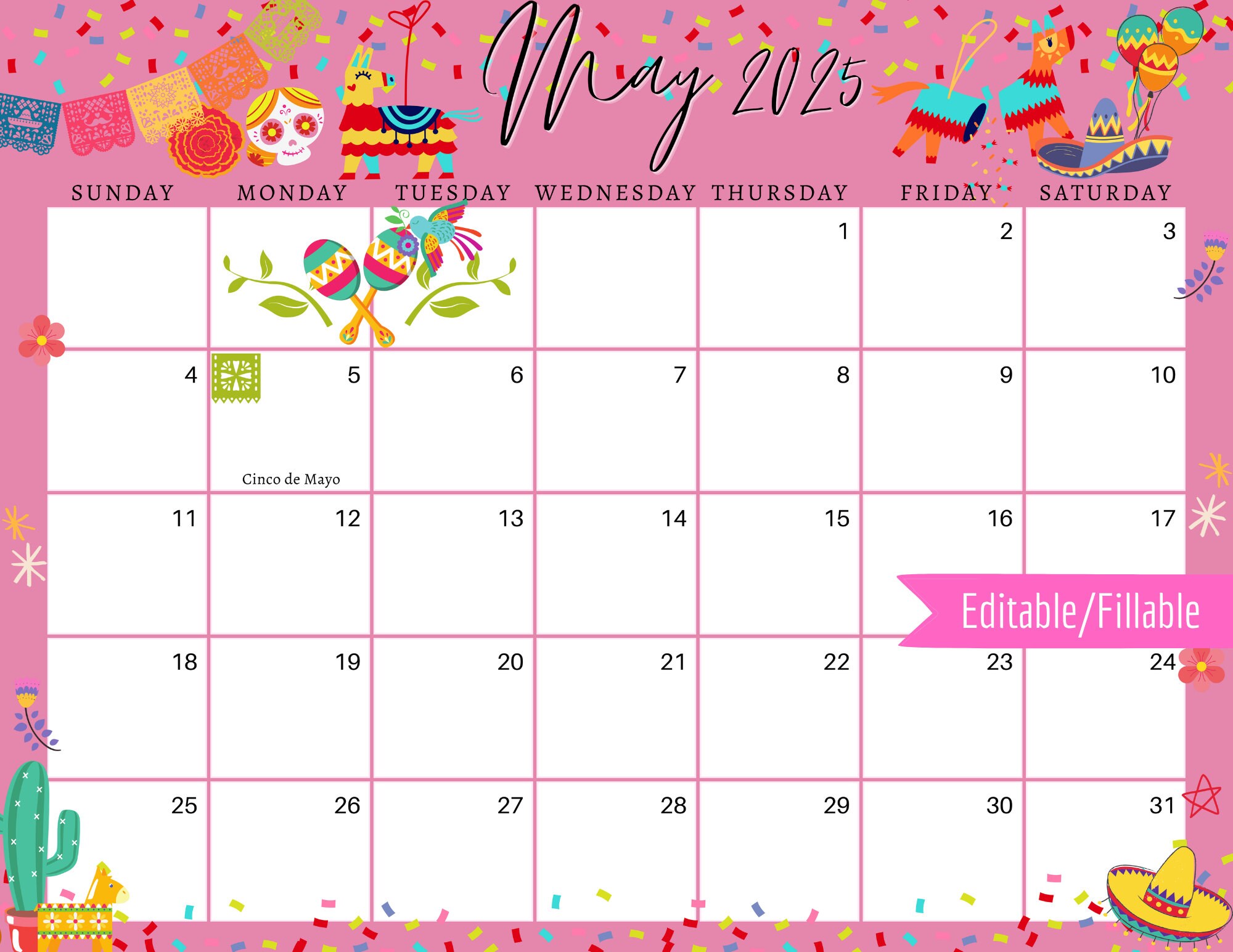 May 2025 Digital Calendar - Purple Cinco De Mayo Fiesta Planner ...