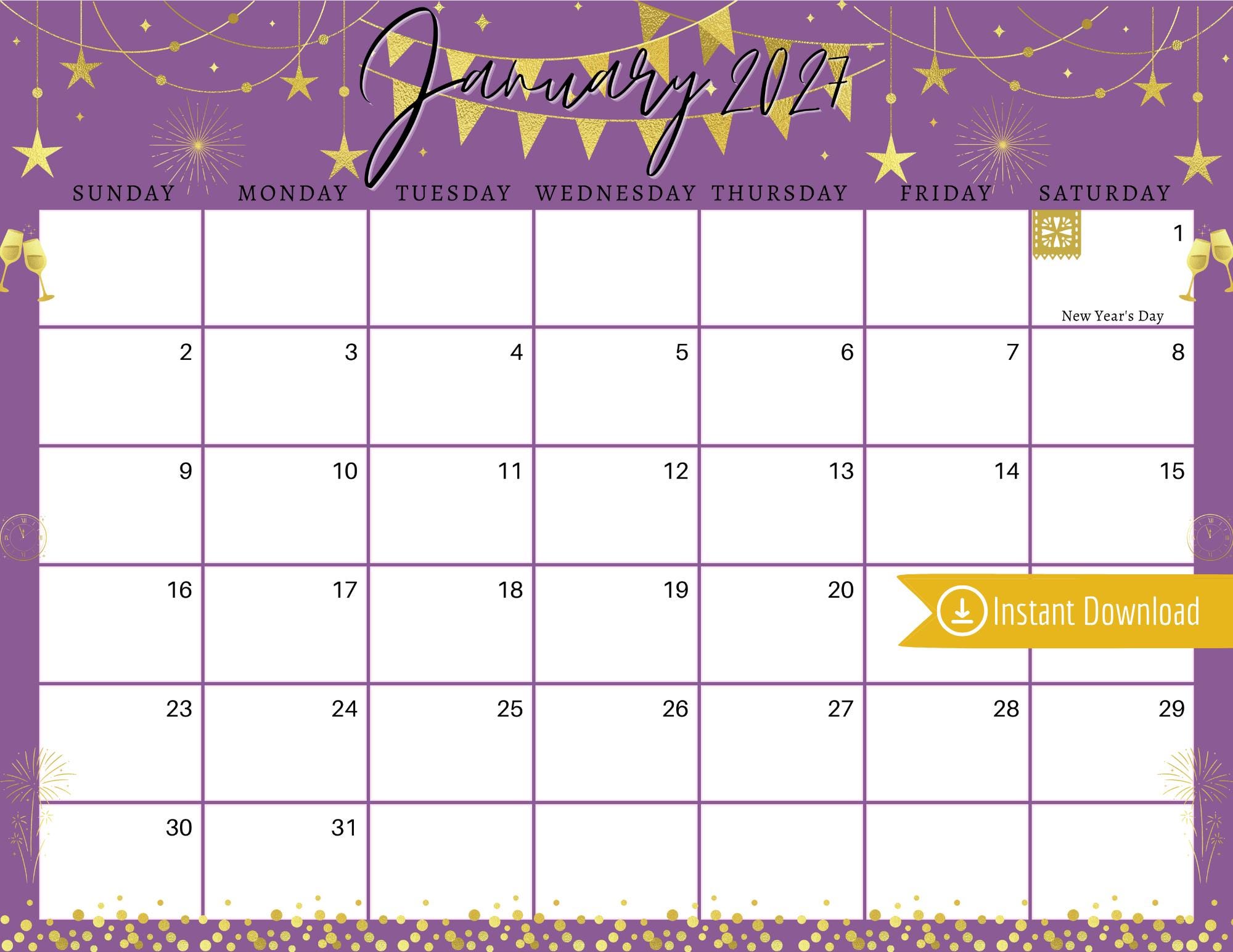 January 2027 Digital Calendar: Purple New Year Planner (PDF, PNG, JPG ...