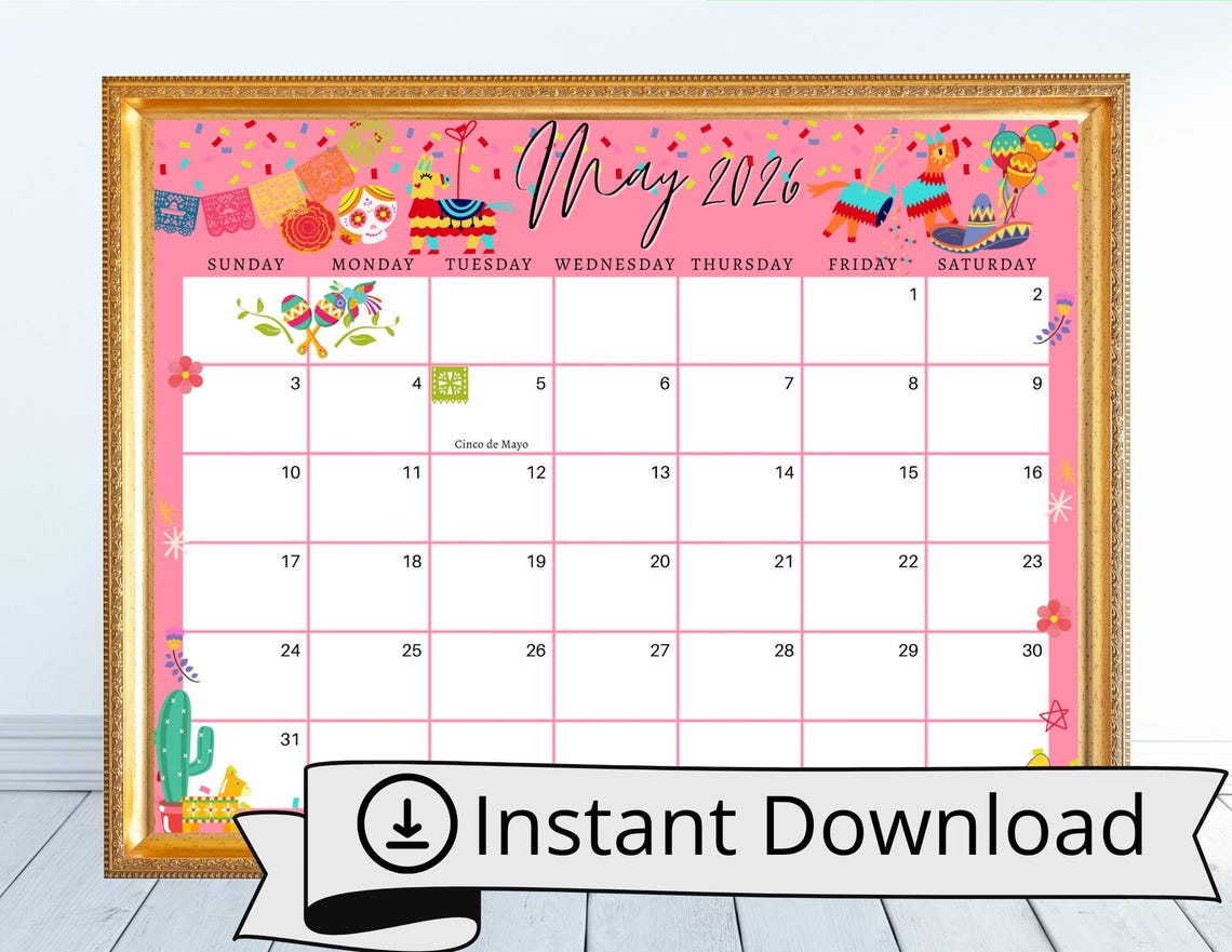 May 2025 Fiesta Calendar: Pink Cinco De Mayo Planner (PDF, PNG, JPG ...