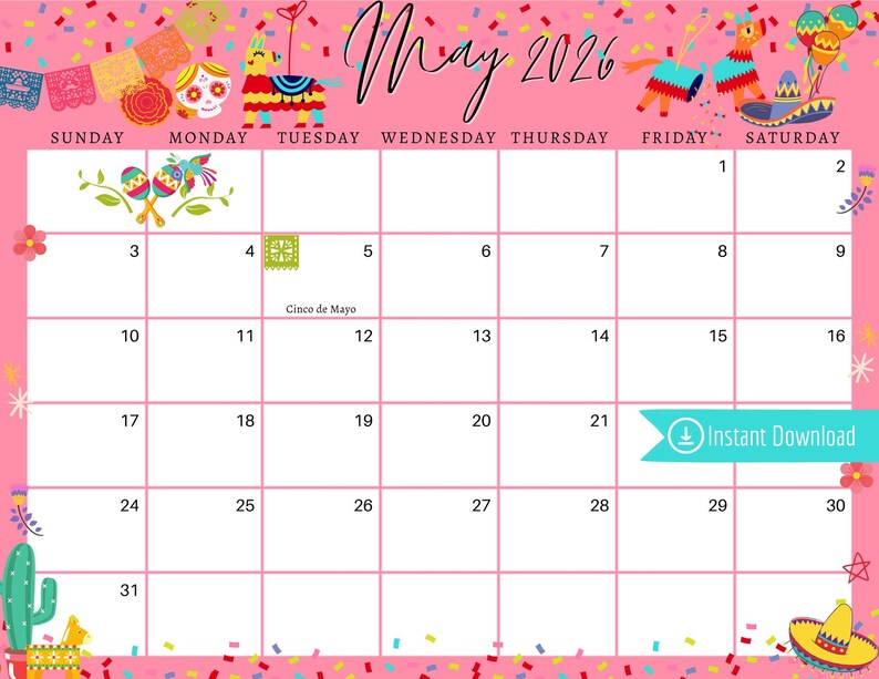 May 2025 Fiesta Calendar: Pink Cinco De Mayo Planner (PDF, PNG, JPG ...