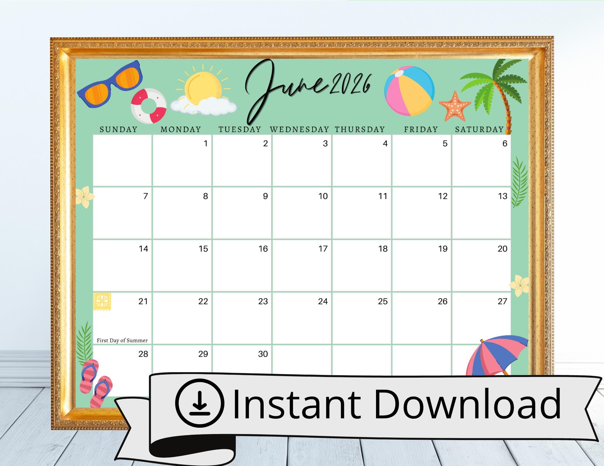 June 2026 Mint Green Calendar: Fillable, Printable Planner (PDF, PNG ...
