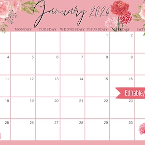 January 2026 - Digital Calendar - Pink Carnations Planner Editable ...